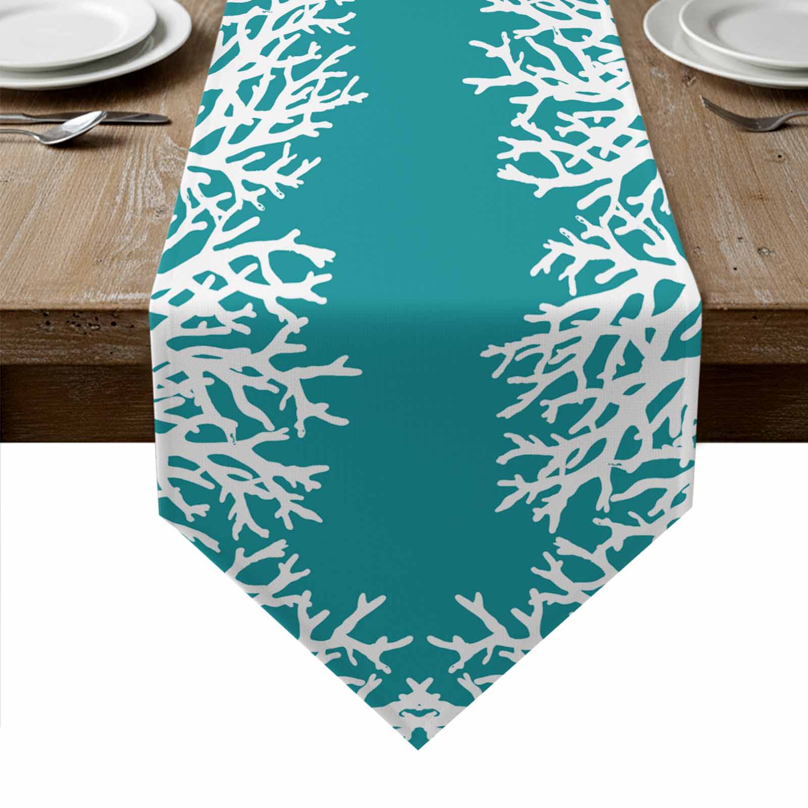 Aqua Coastal Coral Table Runner Linen Burlap Table Runner 90 Inches ...