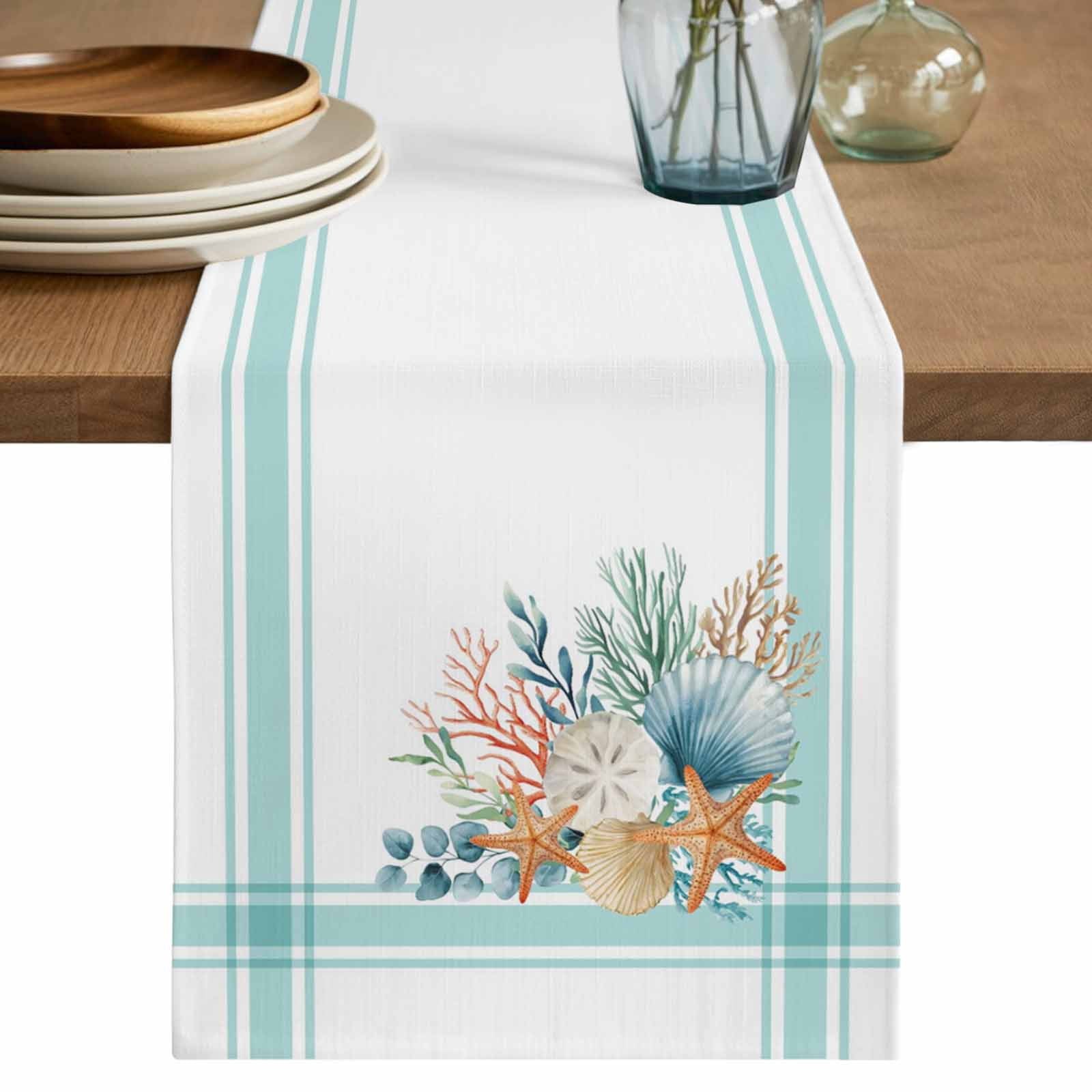Aqua Coastal Cotton Linen Table Runner for Dining Kitchen, Nautical ...