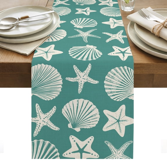Aqua Coastal Cotton Linen Table Runner Starfish Shell Ocean Nautical ...