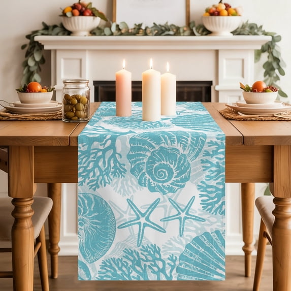 Aqua Coastal Dining Table Runner, Beach Starfish Nautical Coral Shell ...