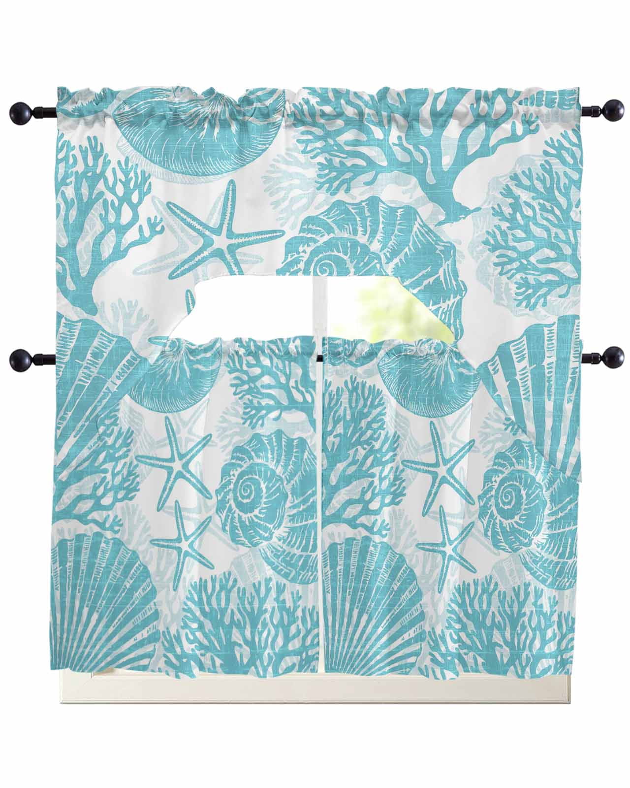 Aqua Coastal Kitchen Curtains Set for Windows 3 Piece Cafe Curtains 24 ...