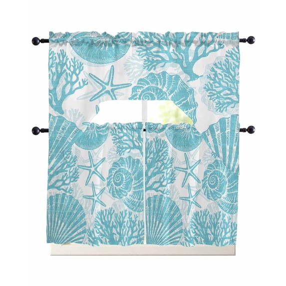 Aqua Coastal Kitchen Curtains Set for Windows 3 Piece Cafe Curtains 36 ...