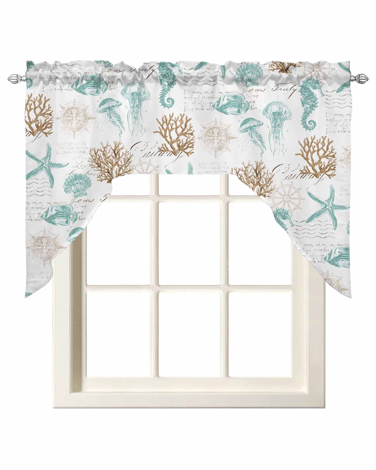 Aqua Coastal Kitchen Swag Valances for Windows, Farmhouse Ocean ...