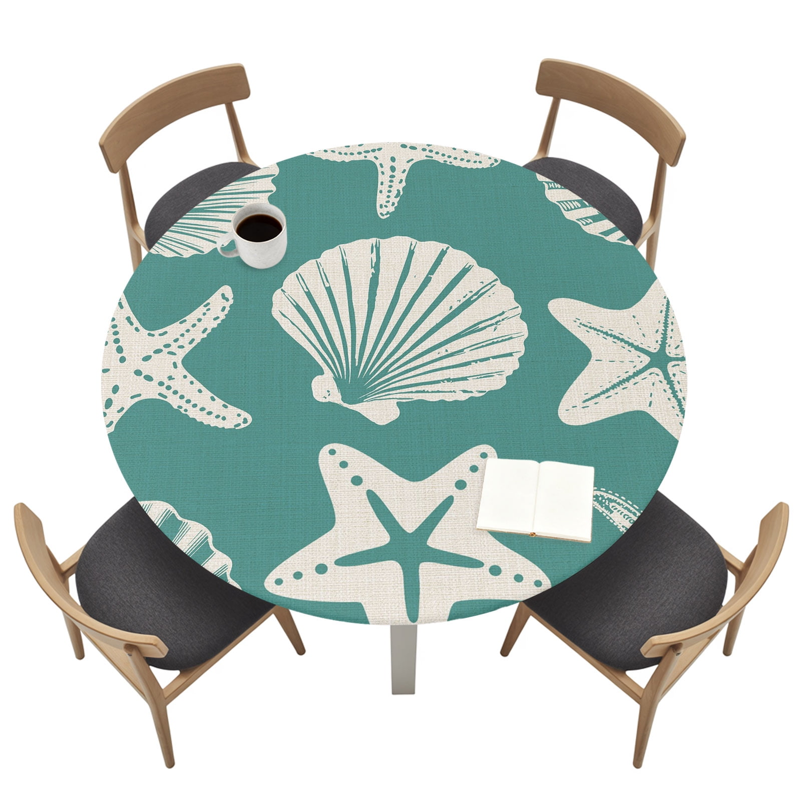 Aqua Coastal Round Fitted Table Cover Starfish Shell Ocean Nautical ...