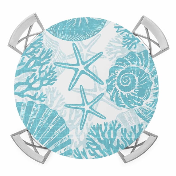 Aqua Coastal Round Table Cover, Beach Starfish Nautical Coral Shell ...