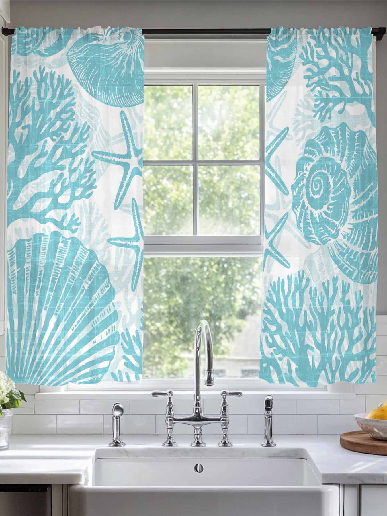 Aqua Coastal Sheer Curtains 2 Panels Set, Beach Starfish Nautical Coral ...