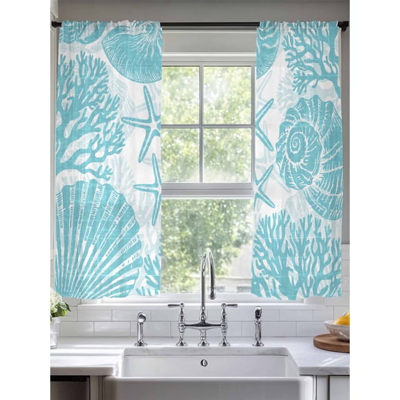 Aqua Coastal Sheer Curtains 2 Panels Set, Beach Starfish Nautical Coral ...