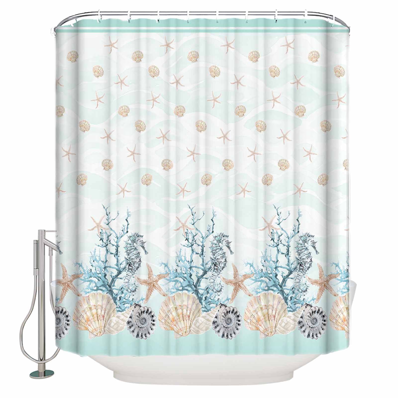 Aqua Coastal Shell Bathroom Shower Curtains with 12 Hooks Polyester ...