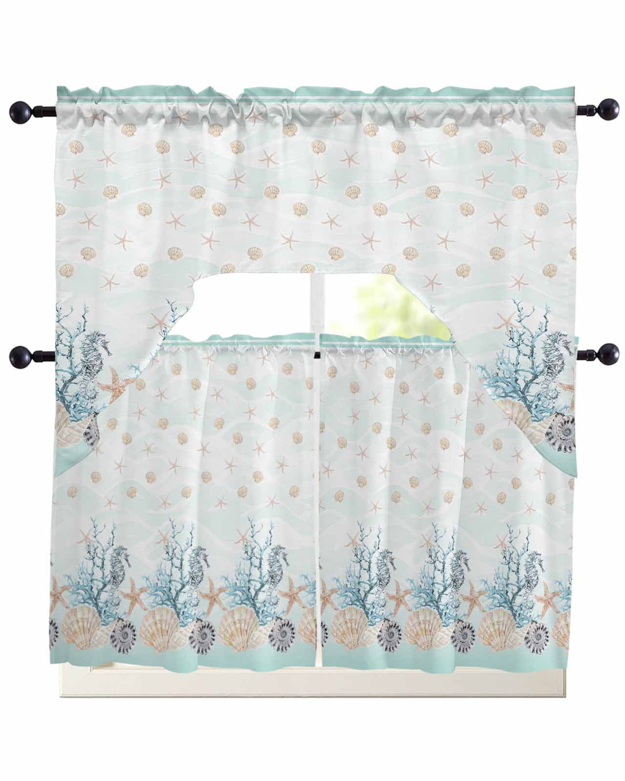 Aqua Coastal Shell Kitchen Curtains Swag Valance and Tier Curtains Set ...