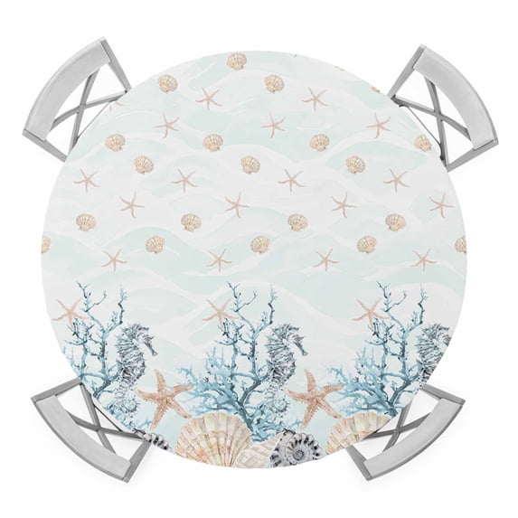Aqua Coastal Shell Round Tablecloth for 45-54 Inch Tables,Fitted Table ...