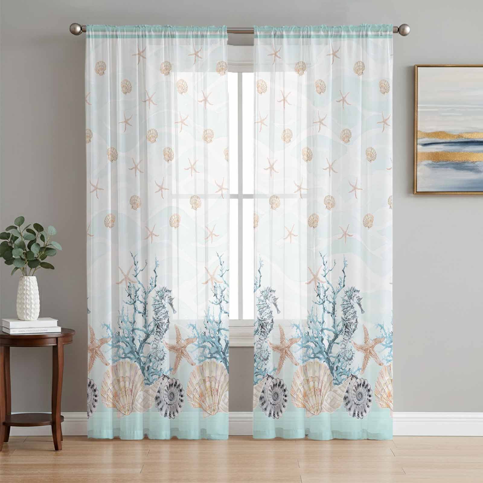 Aqua Coastal Shell Sheer Curtains 63 Inch Length 2 Panels Set, Nautical ...