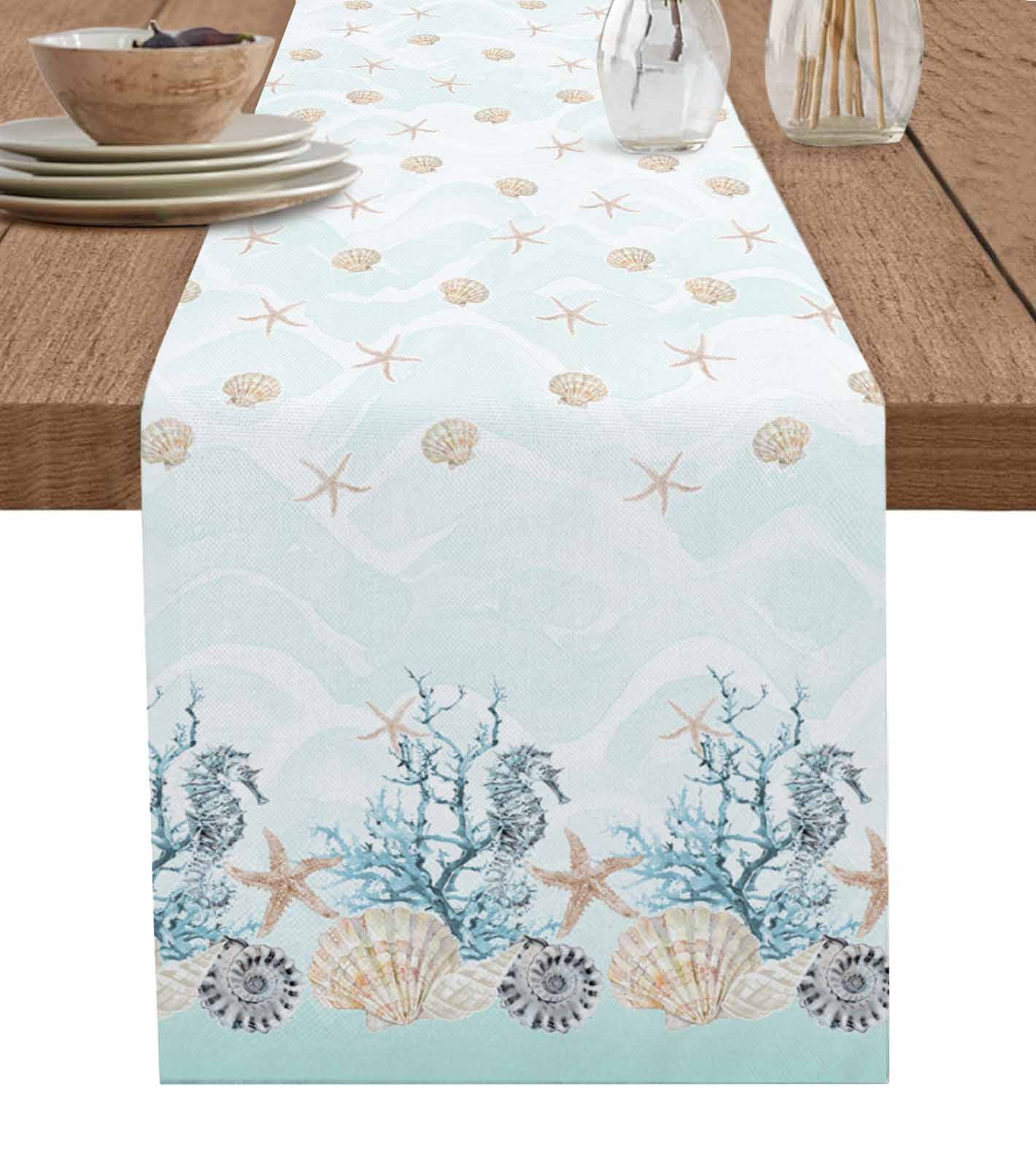 Aqua Coastal Shell Table Runner 120 Inches, Nautical Coral Starfish ...