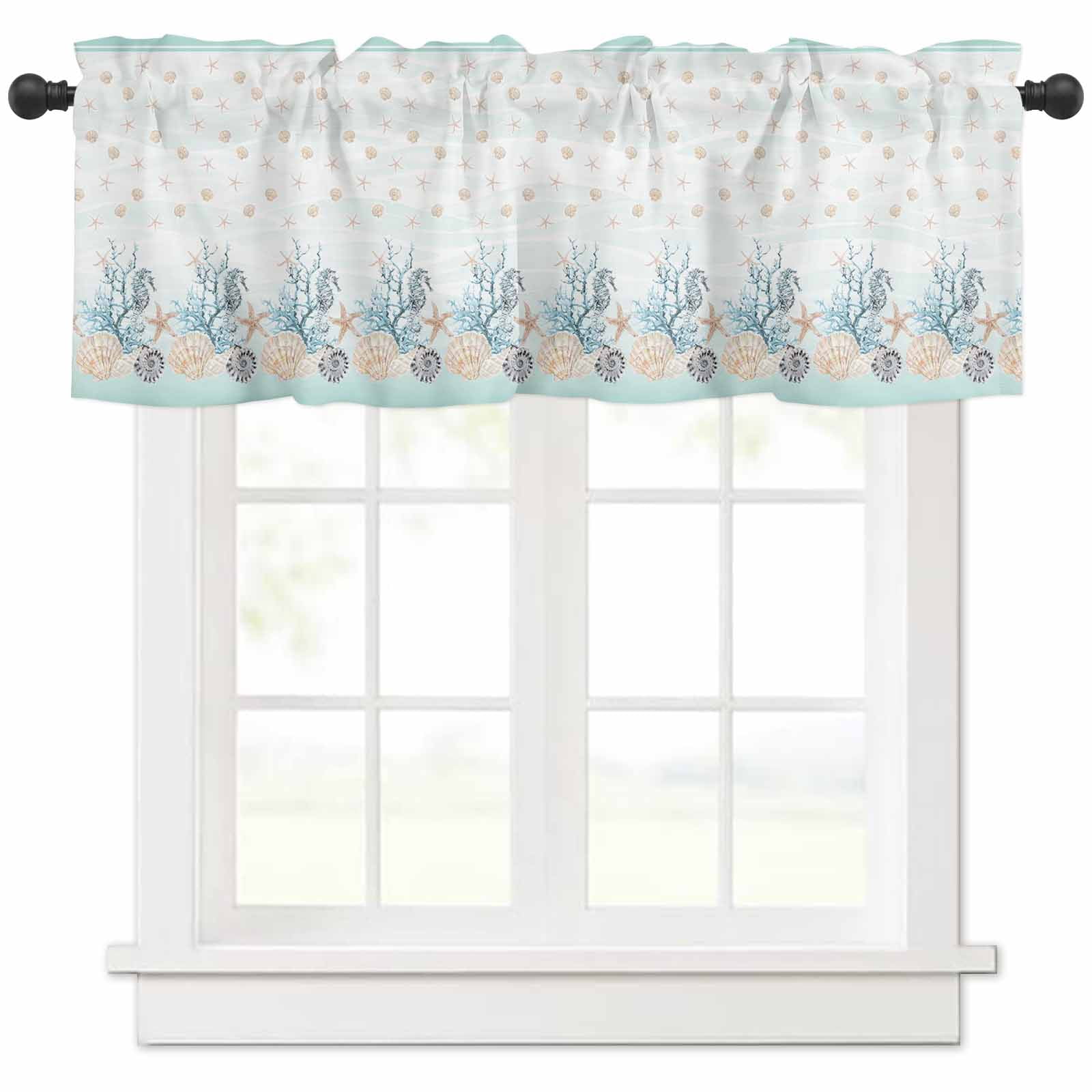 Aqua Coastal Shell Valances for Windows Farmhouse Kitchen Curtains ...