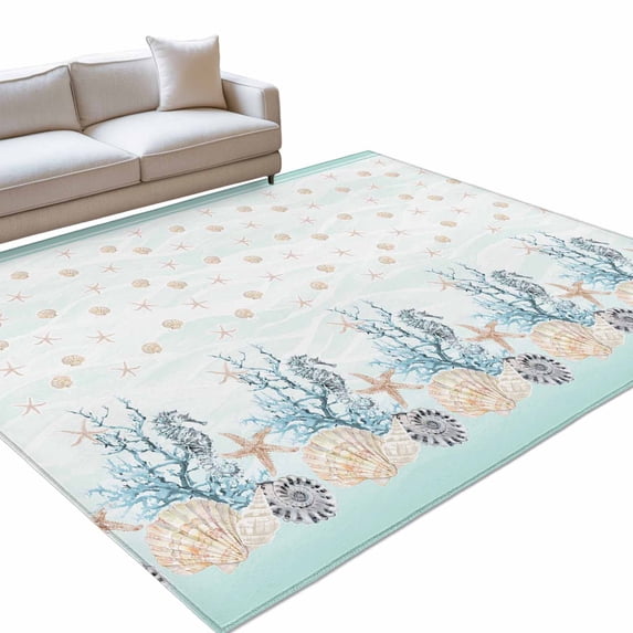 Aqua Coastal Shell Washable Rug 6x9 Area Rug for Living Room Bedroom ...