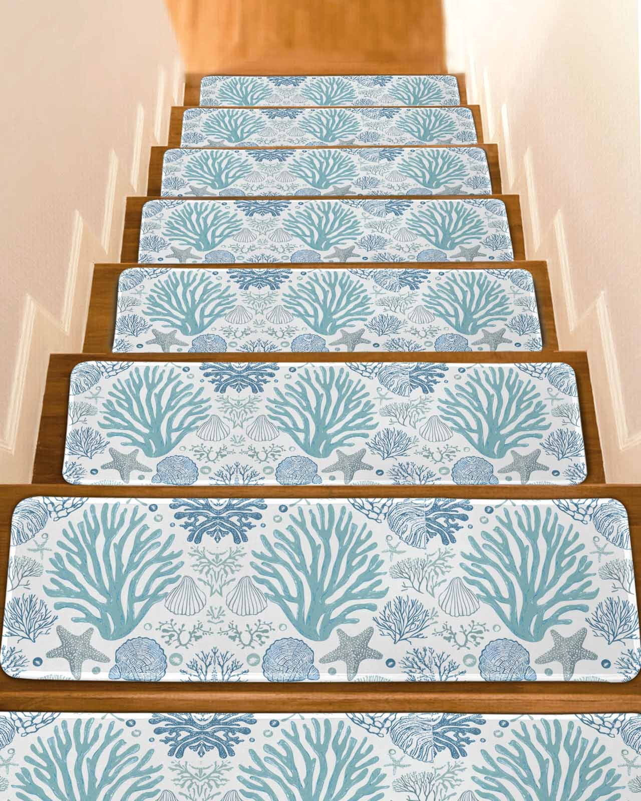 Aqua Coastal Stair Treads for Wooden Steps Indoor Runner Rug Carpet ...