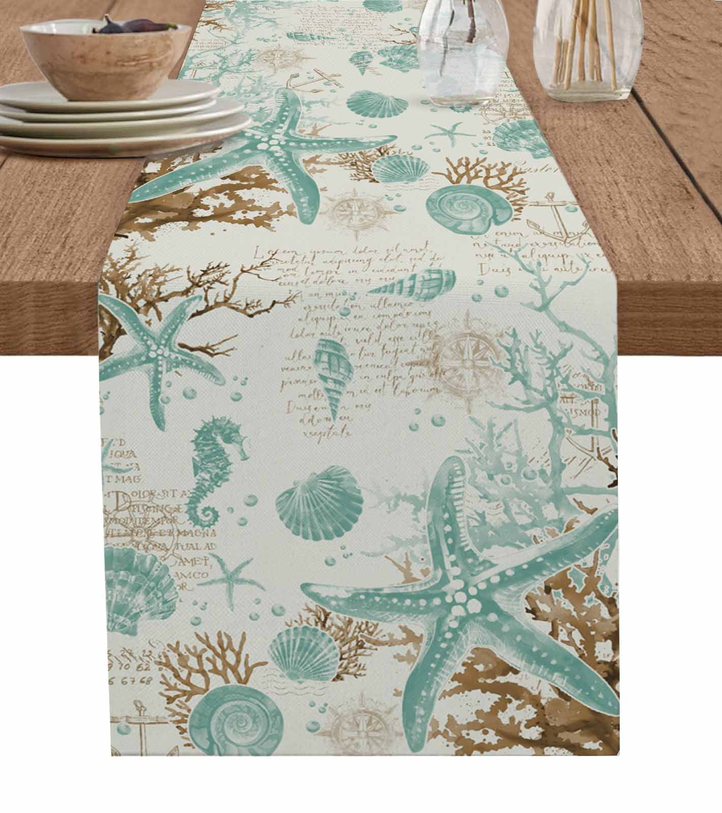 Aqua Coastal Starfish Burlap Cotton Table Runner 14x72 Inches Long ...