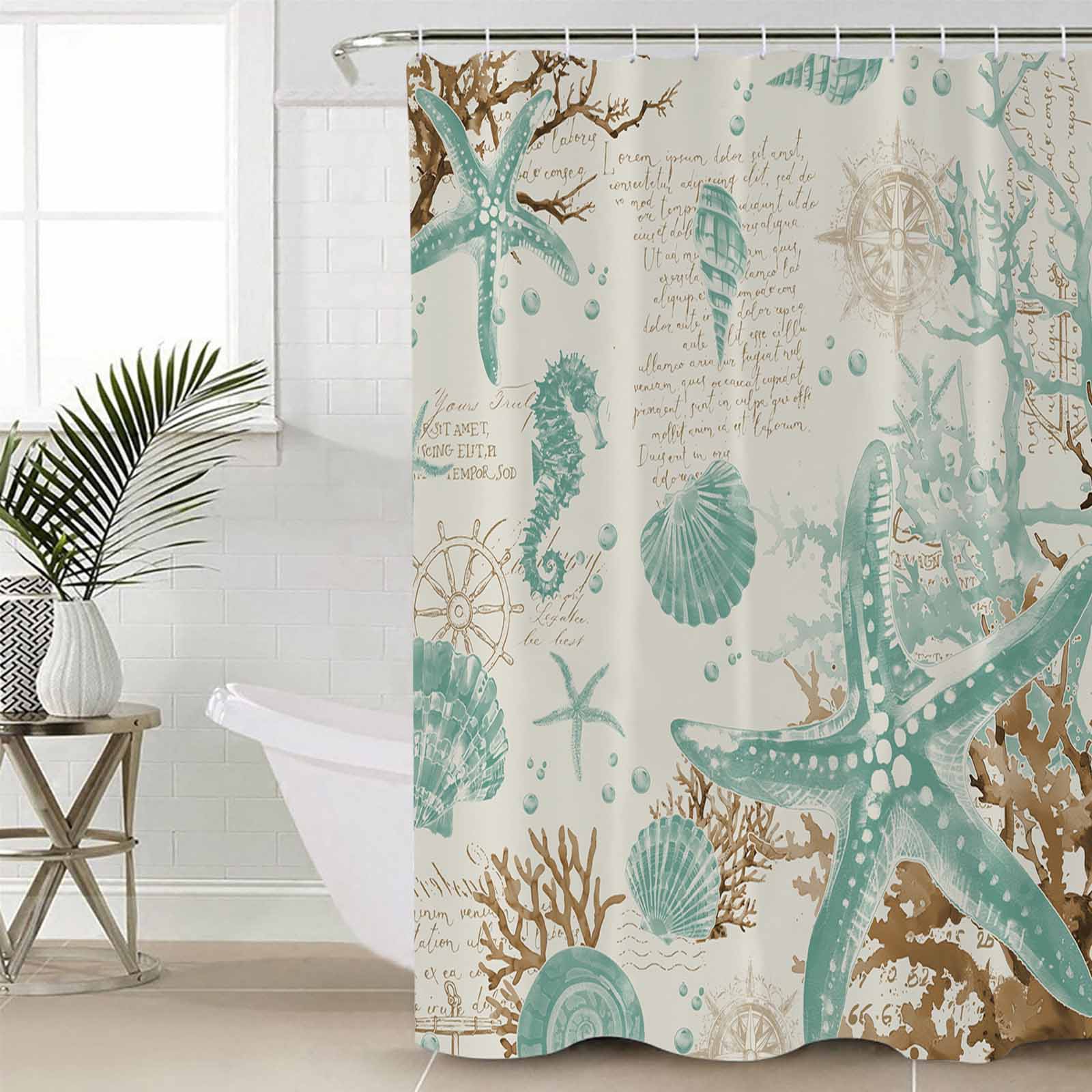 Aqua Coastal Starfish Extra Long Shower Curtain Set, Waterproof Shower ...