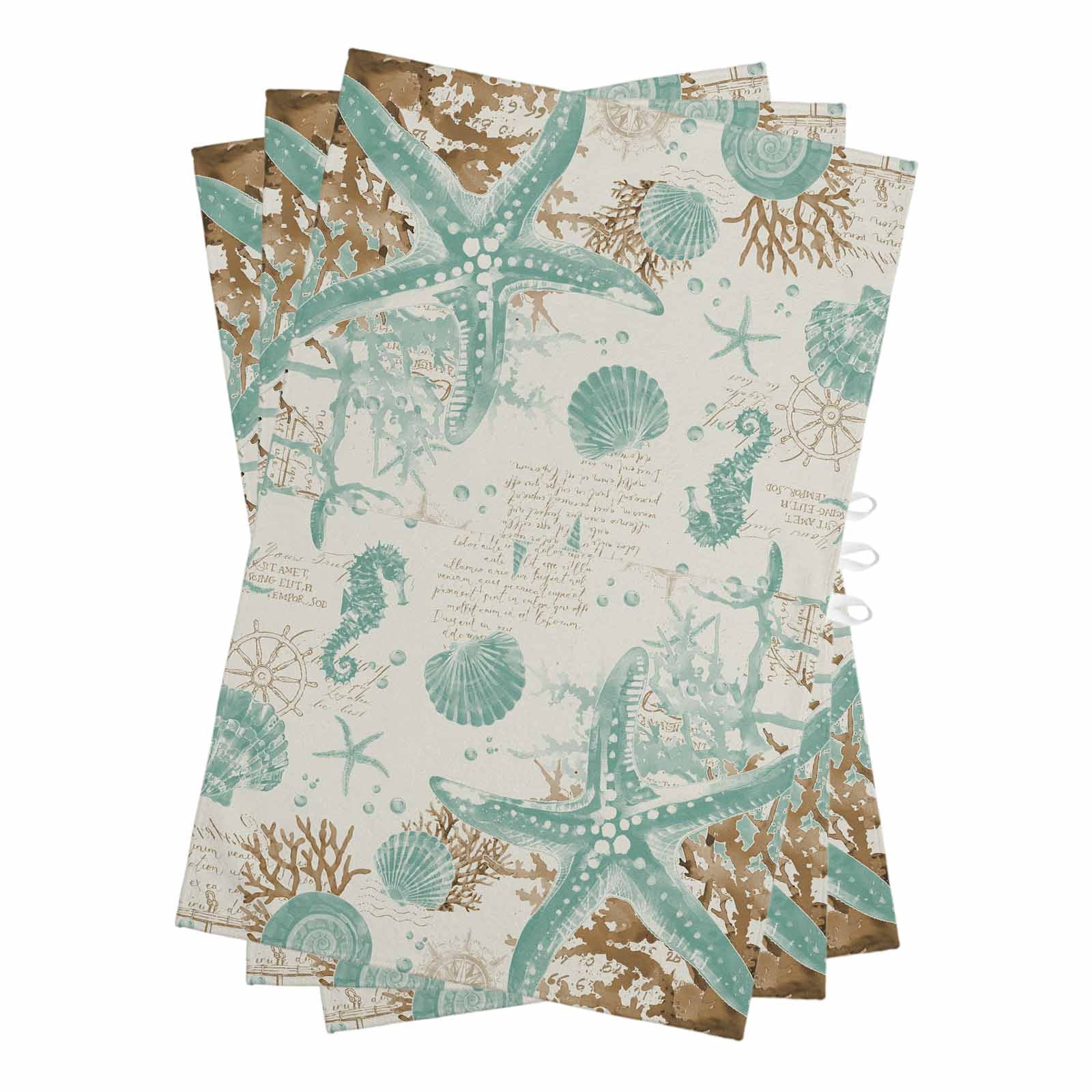 Aqua Coastal Starfish Kitchen Towels Set of 3, Water Absorbent Dish ...
