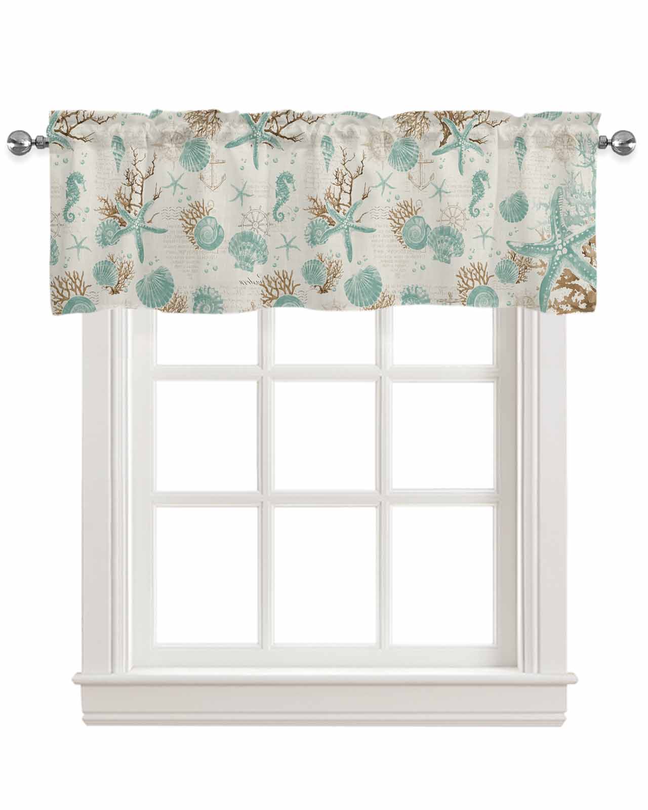 Aqua Coastal Starfish Kitchen Valances for Windows Farmhouse Linen ...