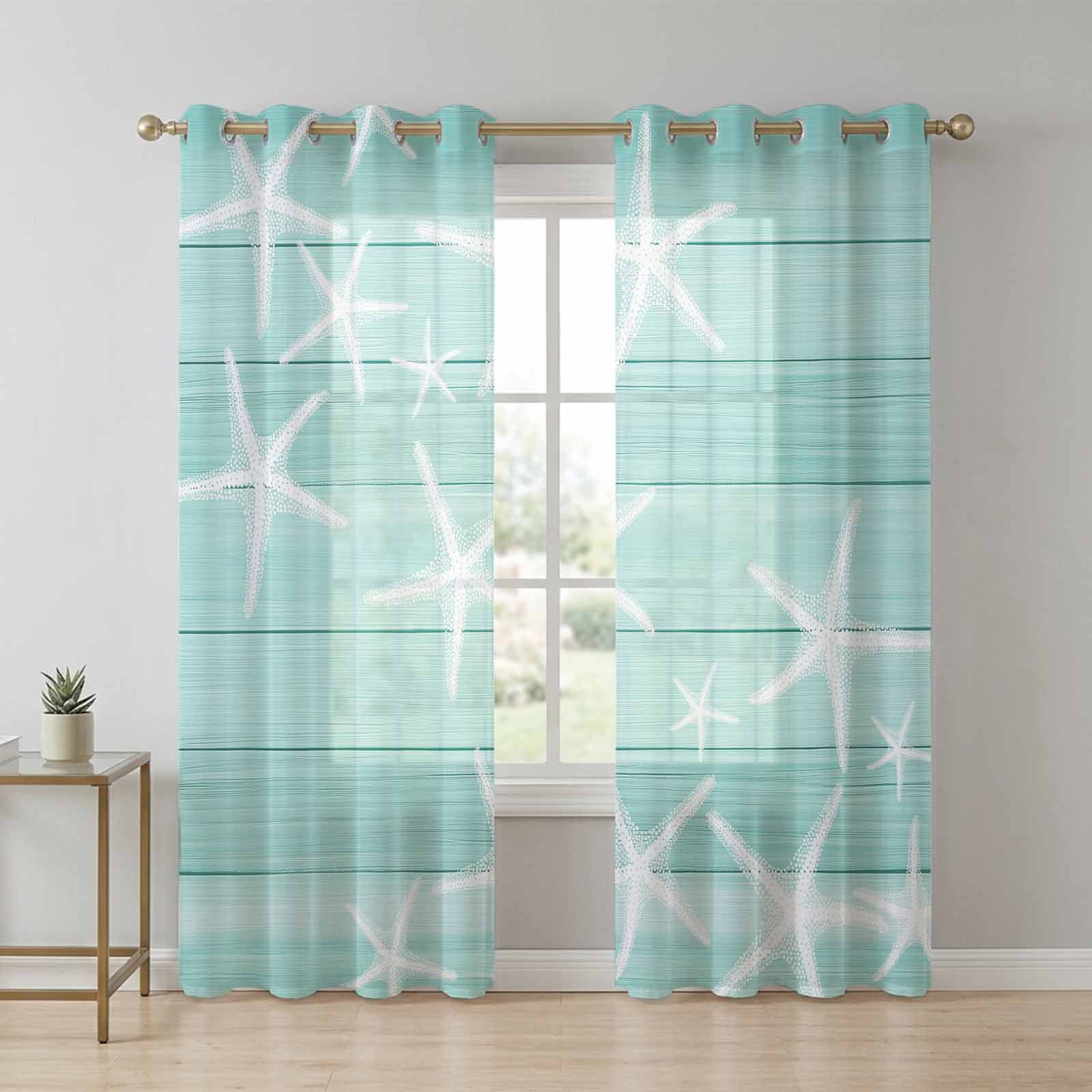 Aqua Coastal Starfish Sheer Curtains 84 Inch Long 2 Panels, Summer ...