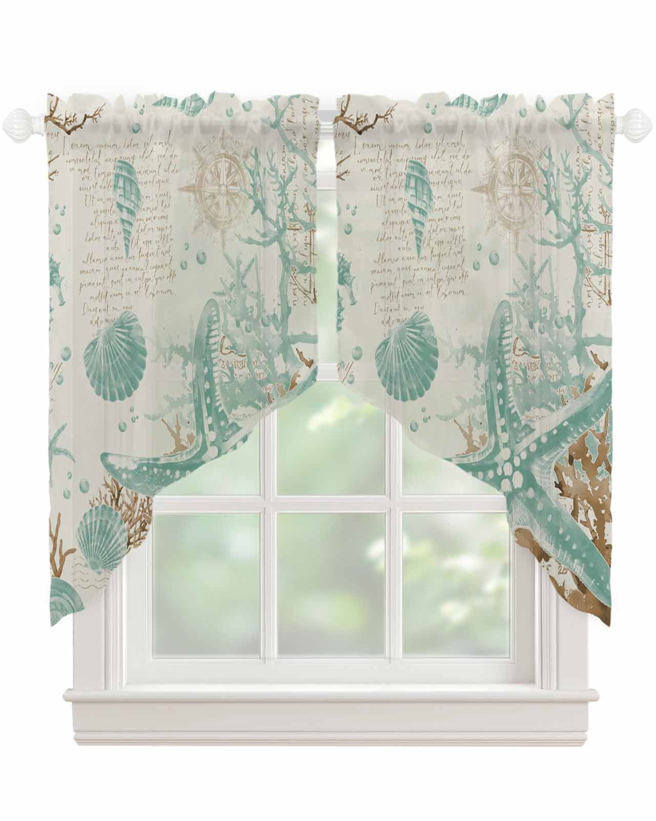Aqua Coastal Starfish Swag Valances for Windows, Farmhouse Nautical ...