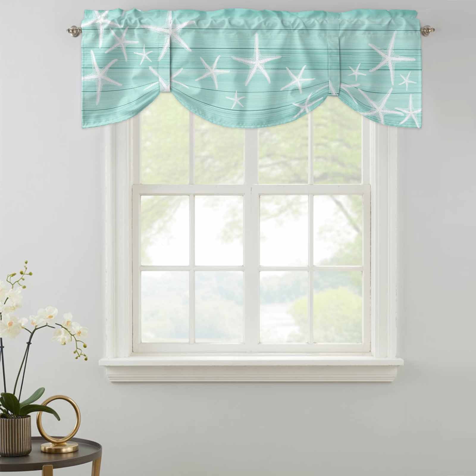 Aqua Coastal Starfish Tie Up Valances Curtain, Summer Beach Nautical ...