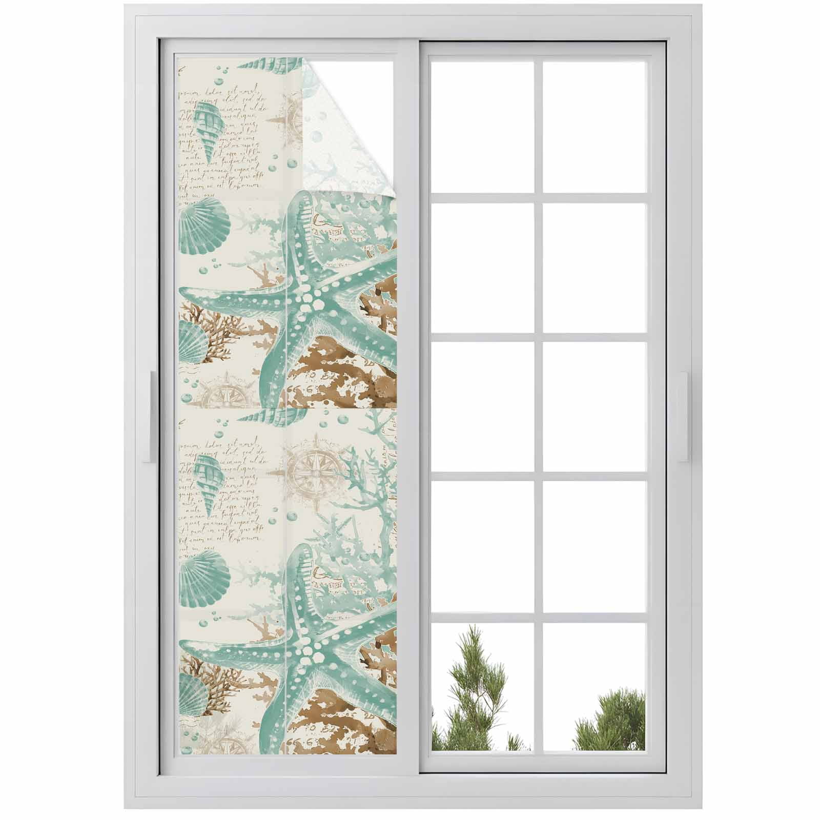 Aqua Coastal Starfish Window Privacy Film, Farmhouse Nautical Seahorse ...
