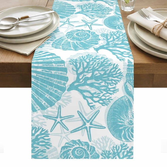 Aqua Coastal Table Runner Beach Starfish Nautical Coral Shell Summer ...