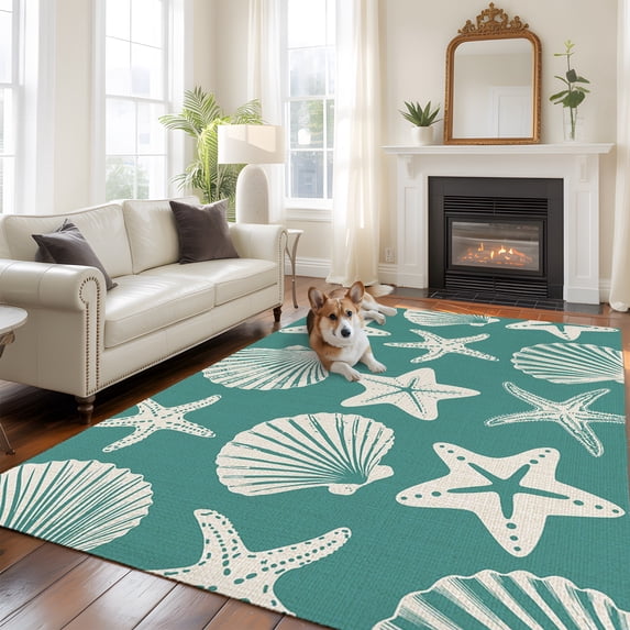 Aqua Coastal Washable Area Rug 5x7 Starfish Shell Ocean Nautical Low ...