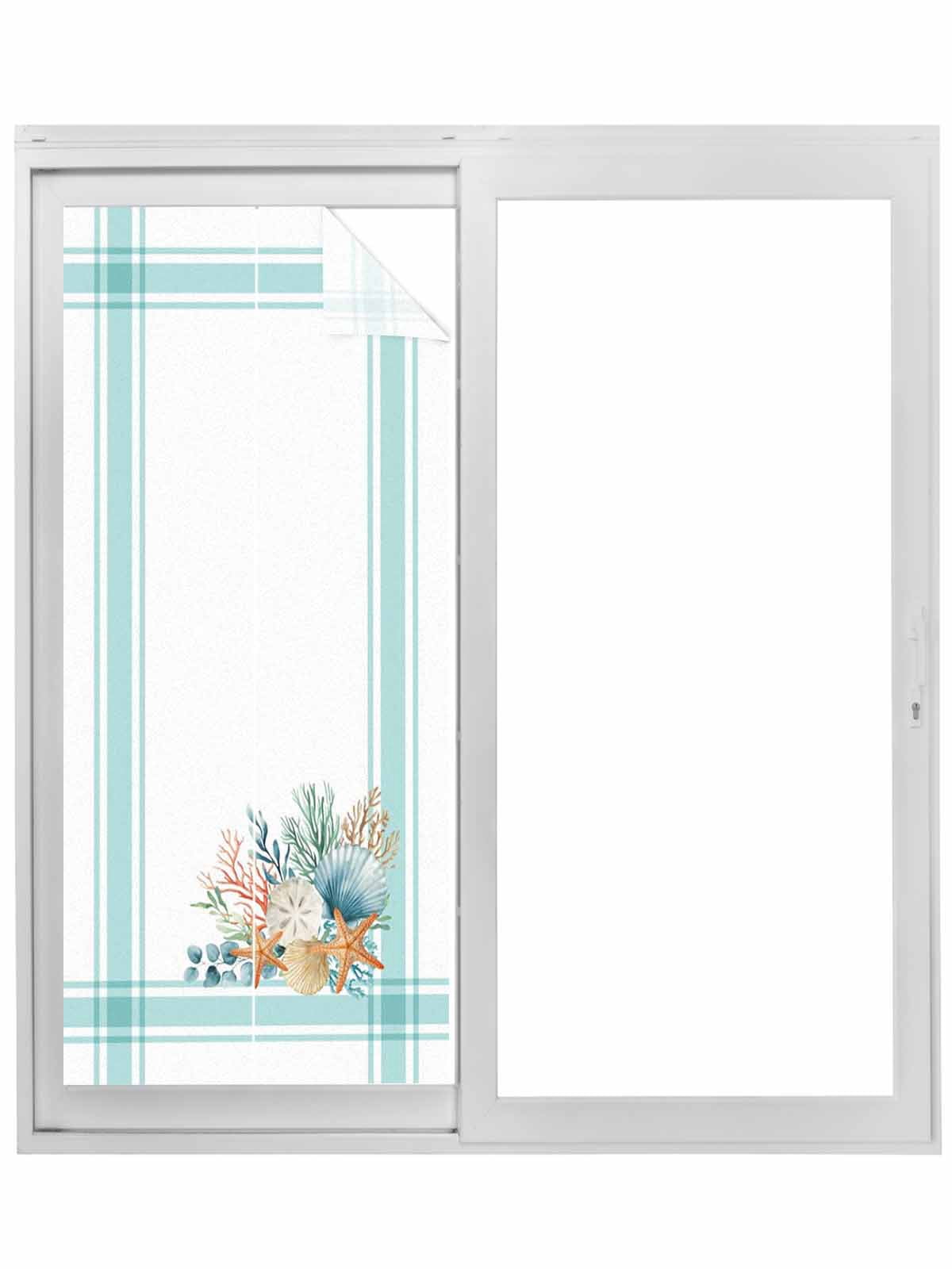 Aqua Coastal Window Privacy Film, Nautical Seashells Coral Leaves ...
