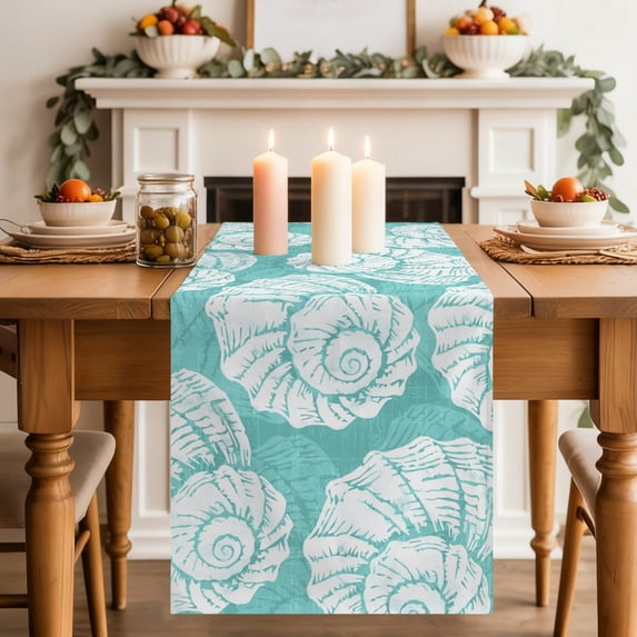 Aqua Conch Dining Table Runner, Coastal Summer Ocean Beach Nautical ...