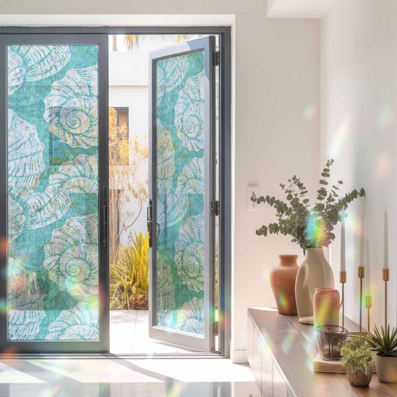 Aqua Conch Window Privacy Film Coastal Summer Ocean Beach Nautical ...
