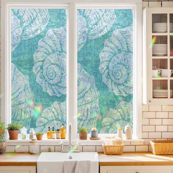 Aqua Conch Window Privacy Film Coastal Summer Ocean Beach Nautical ...