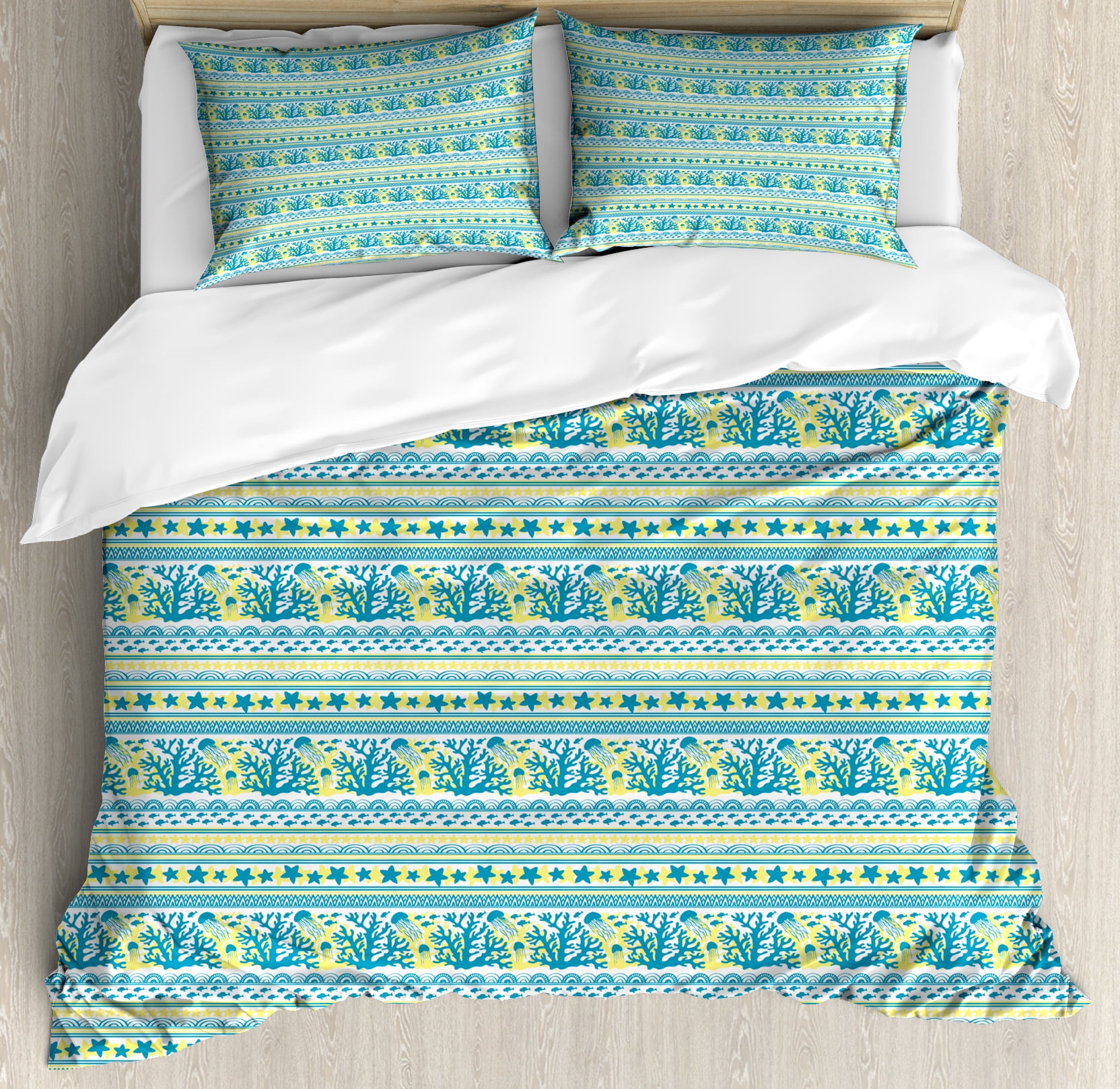 Aqua and Coral Duvet Cover Set, Rhythmic Horizontal Striped Marine ...