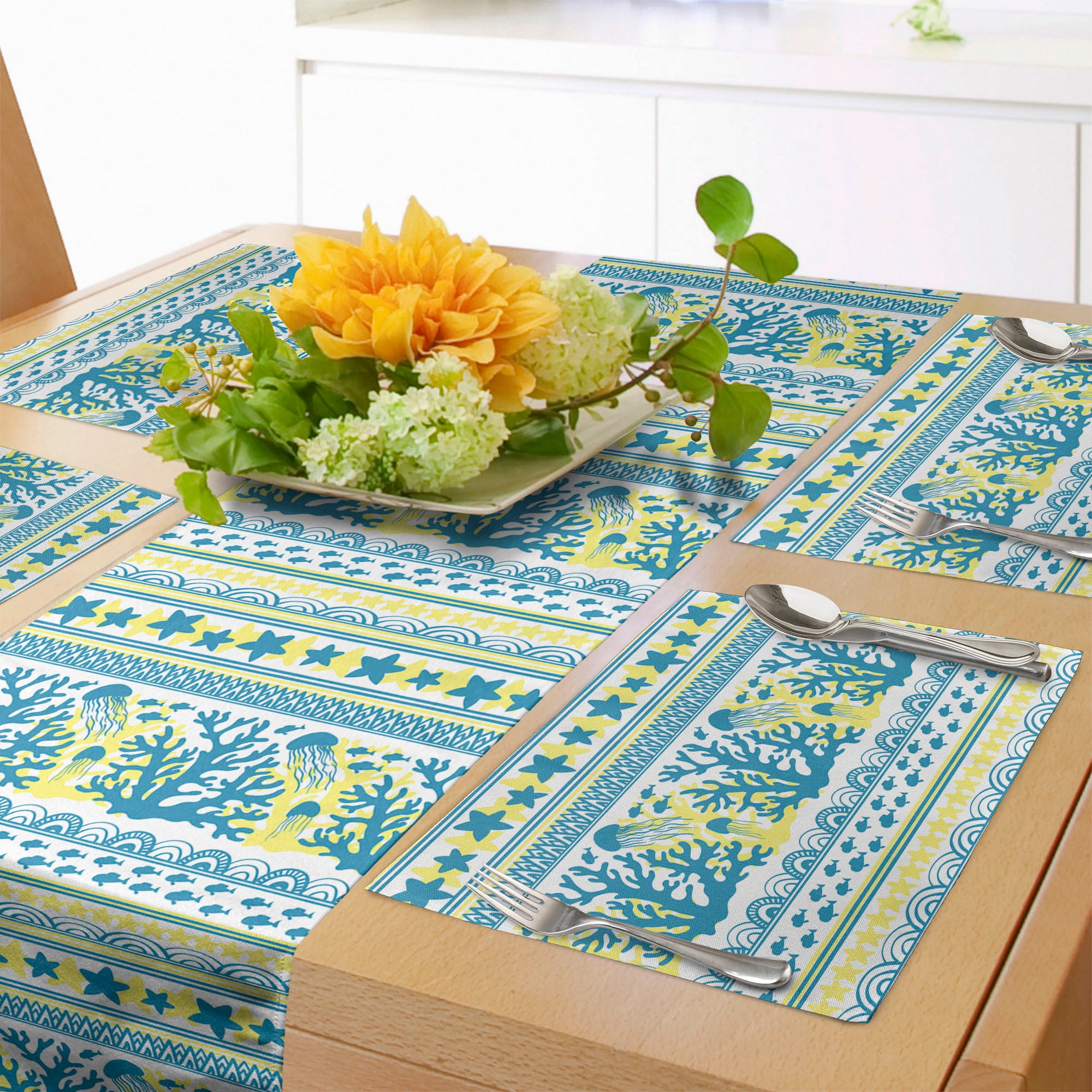 Aqua and Coral Table Runner & Placemats, Rhythmic Horizontal Striped ...