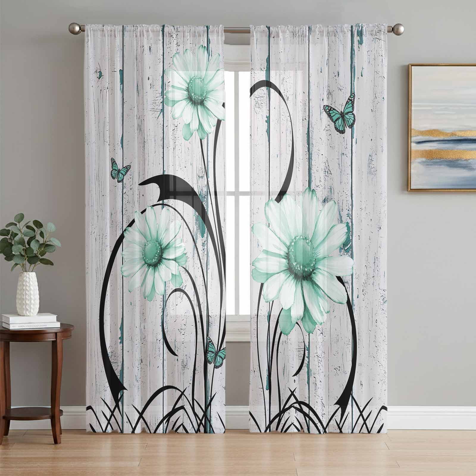 Aqua Daisy Sheer Curtains 84 Inch Length 2 Panels Set, Rustic Butterfly ...