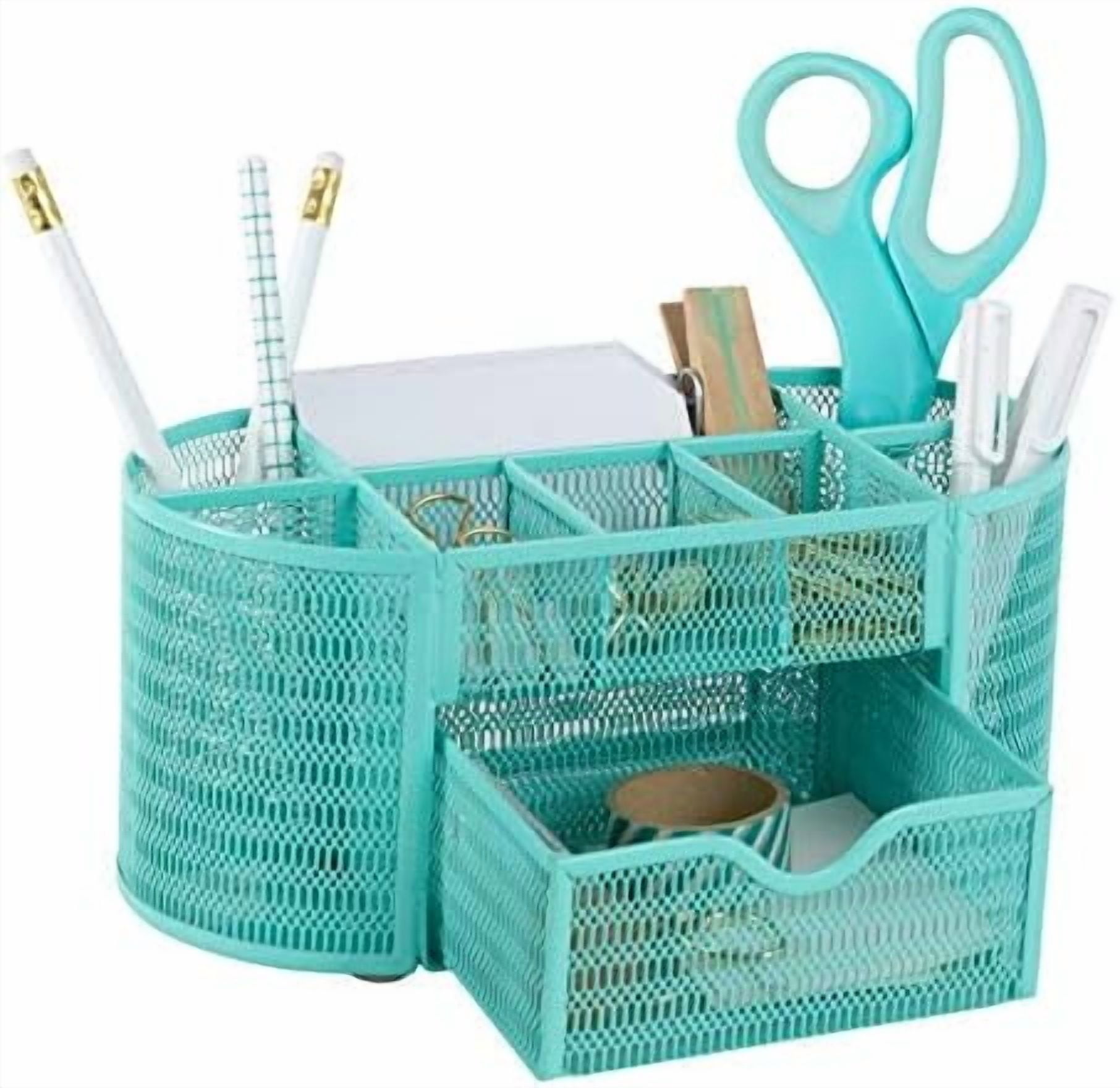 Aqua Desk Organizer | Metal Stationery Holder With Drawer and Eight ...