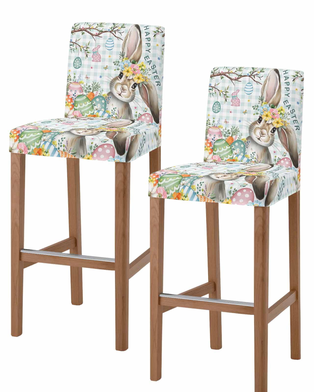 Aqua Easter Bunny Bar Stool Covers Set of 2, Spring Easter Eggs Floral ...