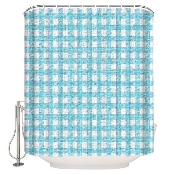 Aqua Farmhouse Check Bathroom Shower Curtains with 12 Hooks Polyester ...