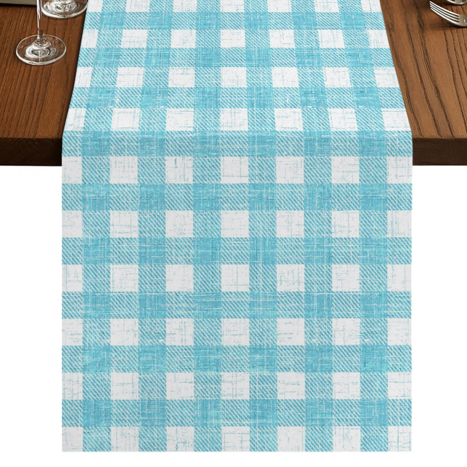 Aqua Farmhouse Check Burlap Cotton Table Runner 18x72 Inches Long ...