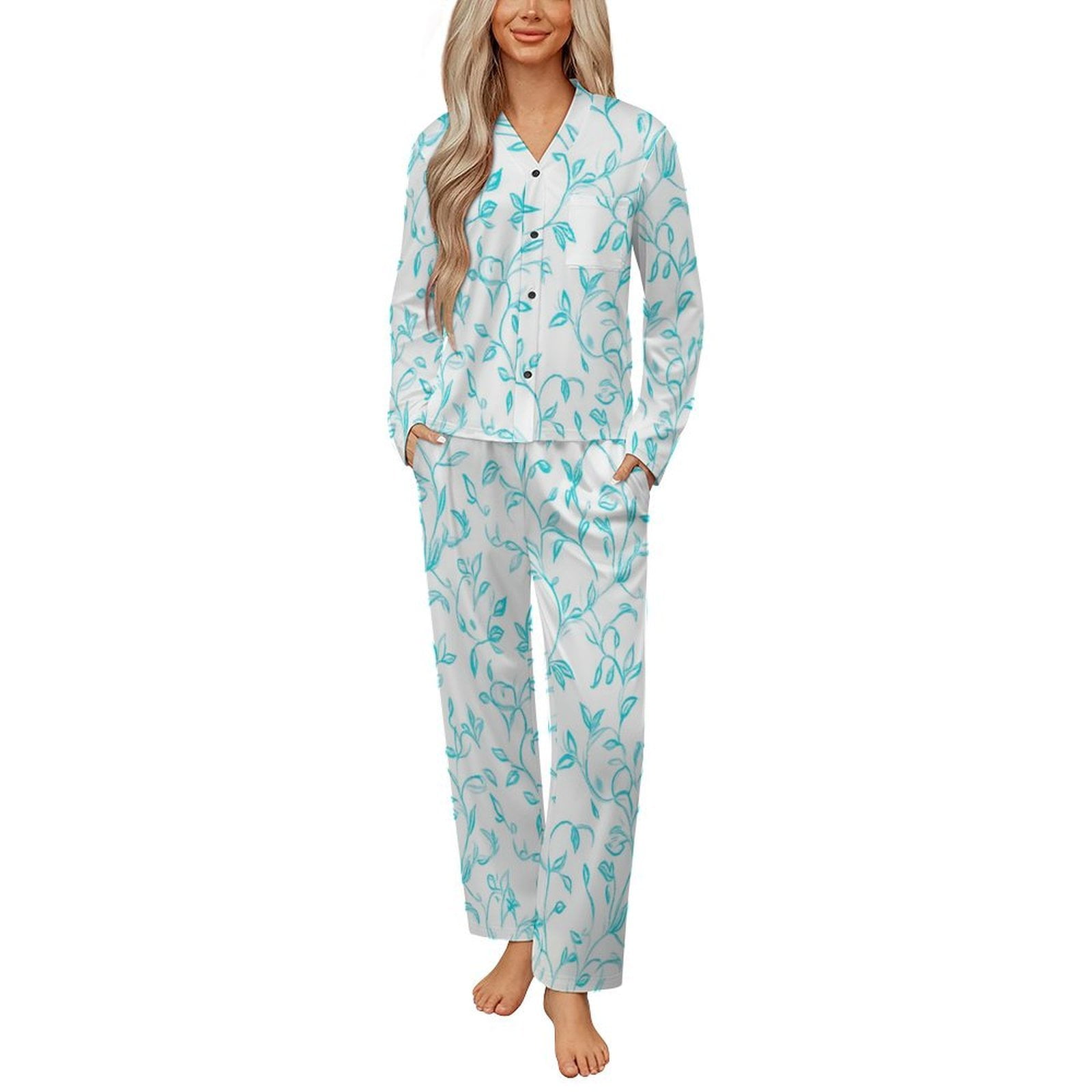 Aqua Floral Vine Seamless Pattern Womens Pyjamas Set Button Up Pyjamas ...