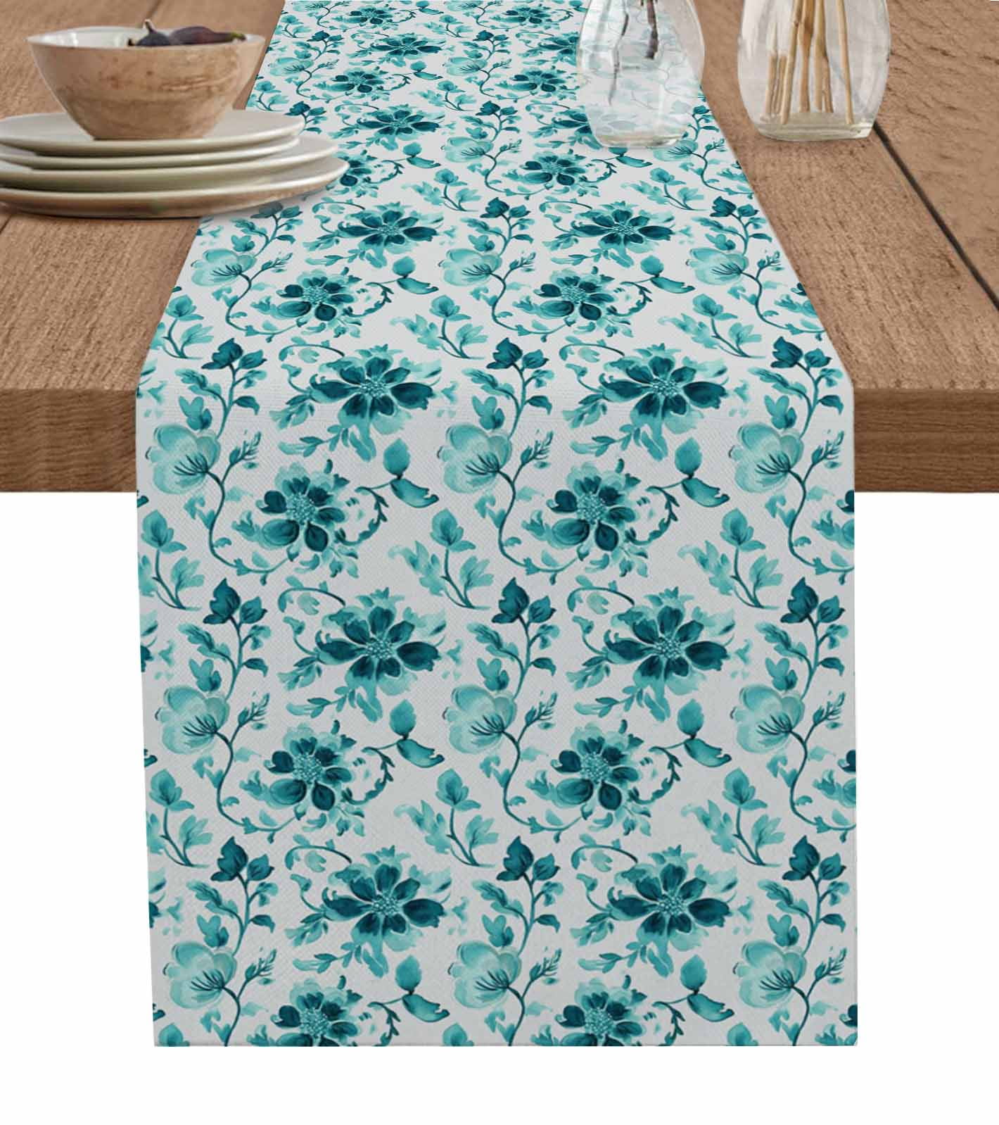 Aqua Flower Burlap Cotton Table Runner 13x120 Inches Long, Country ...