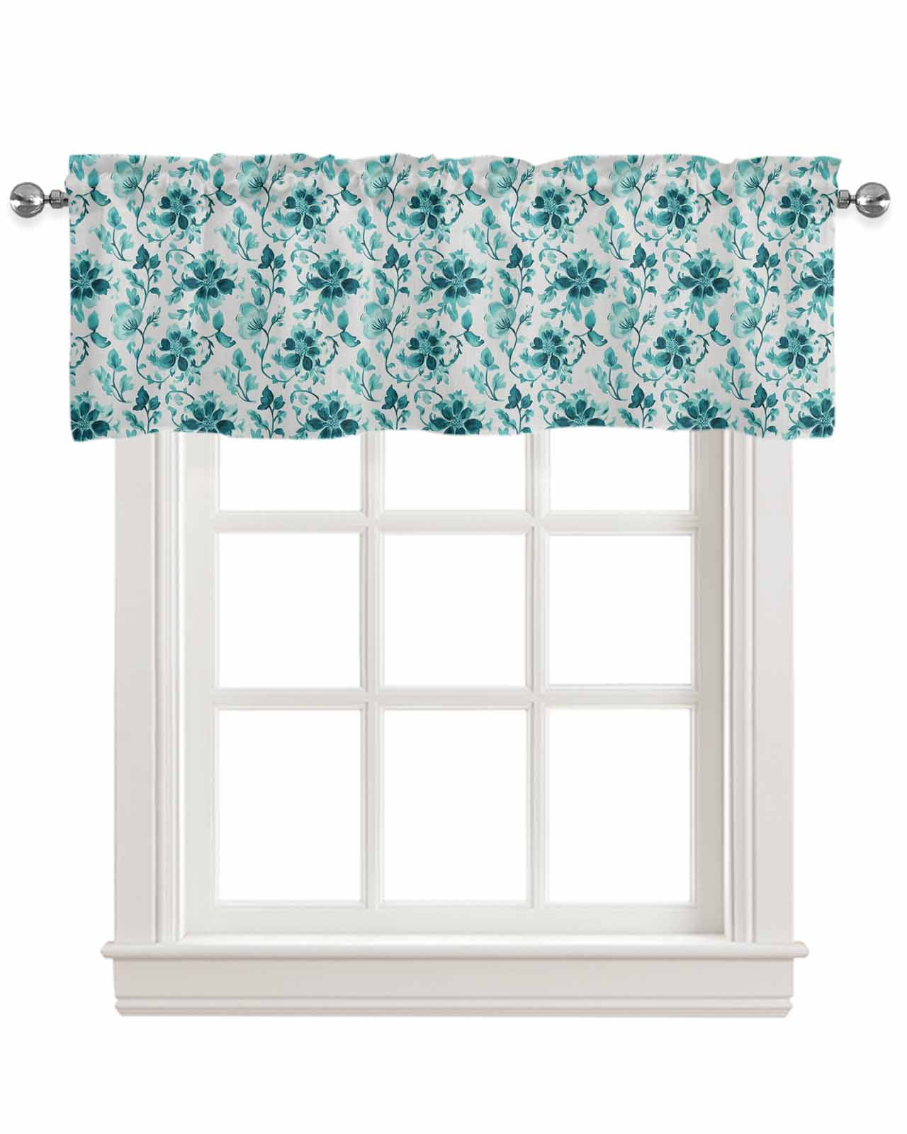Aqua Flower Kitchen Valances for Windows Farmhouse Linen Window Valance ...