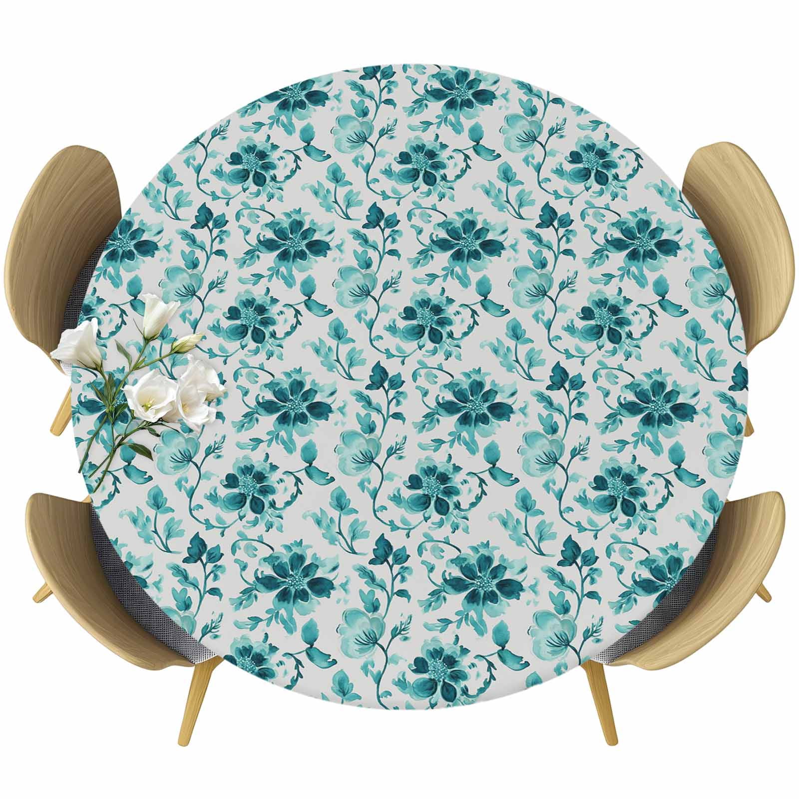 Aqua Flower Round Tablecloth 45-54 Inch Round Fitted Table Cloth with ...