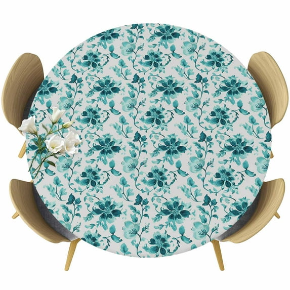 Aqua Flower Round Tablecloth, Fitted Table Cover with Elastic for 45 ...