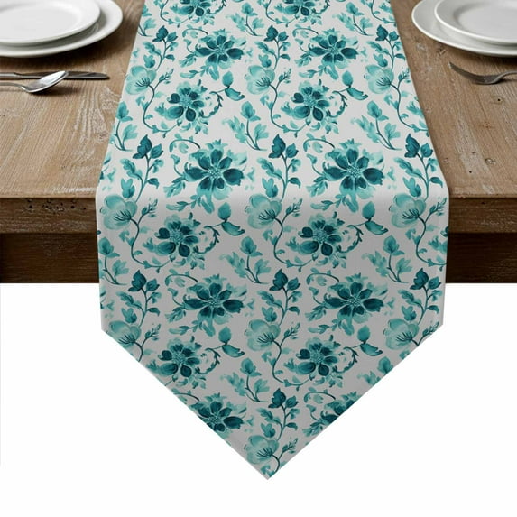 Aqua Flower Table Runner Linen Burlap Table Runner 36 Inches Small ...