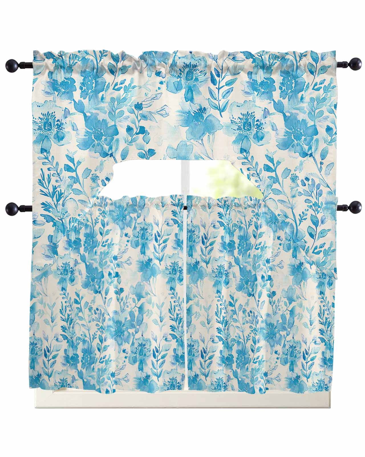 Aqua Flowers Kitchen Curtains Set for Windows 3 Piece Cafe Curtains 36 ...