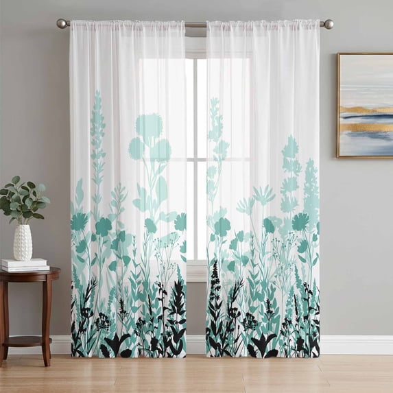 Aqua Flowers Sheer Curtains 84 Inch Length 2 Panels Set, Spring Ombre ...