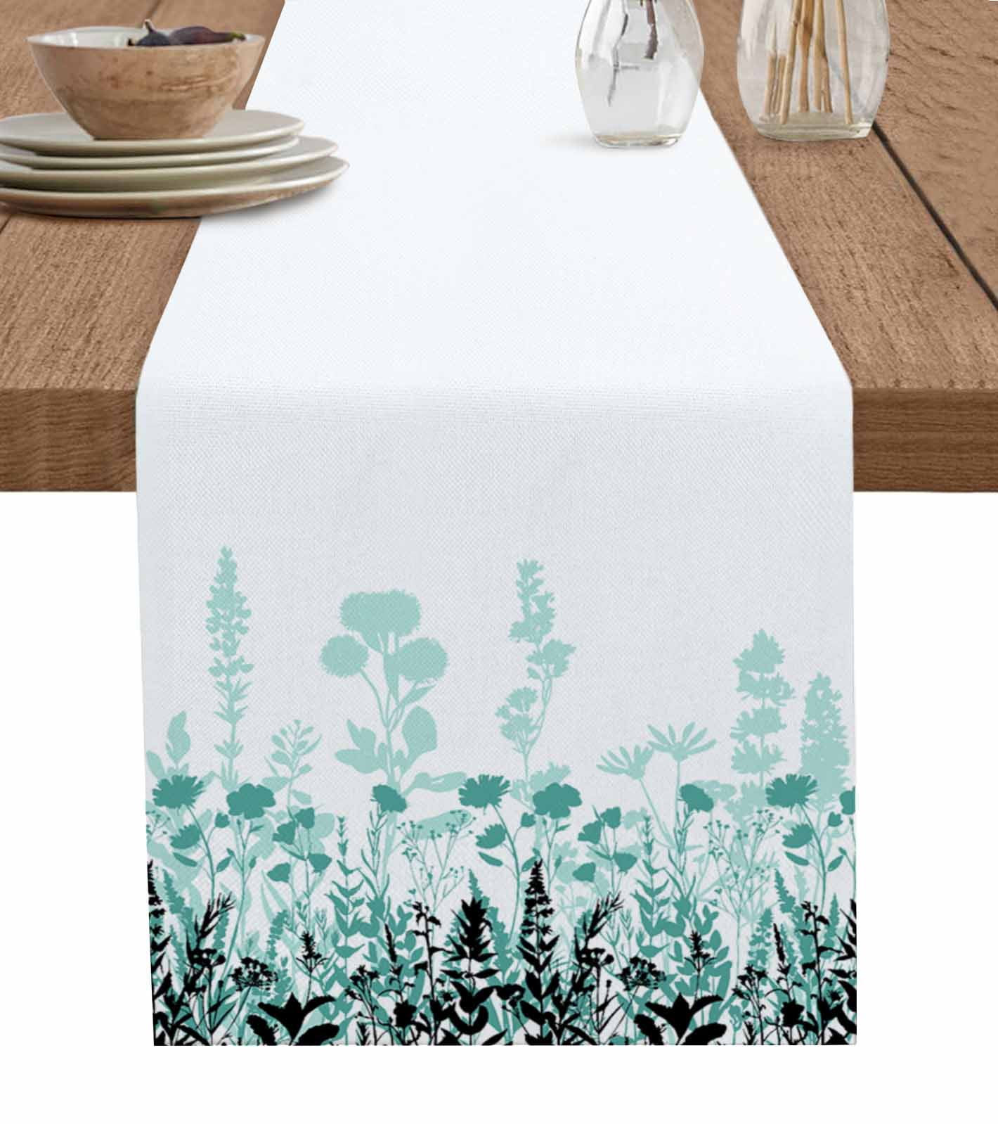 Aqua Flowers Table Runner 90 Inches, Spring Ombre Botanical Floral ...