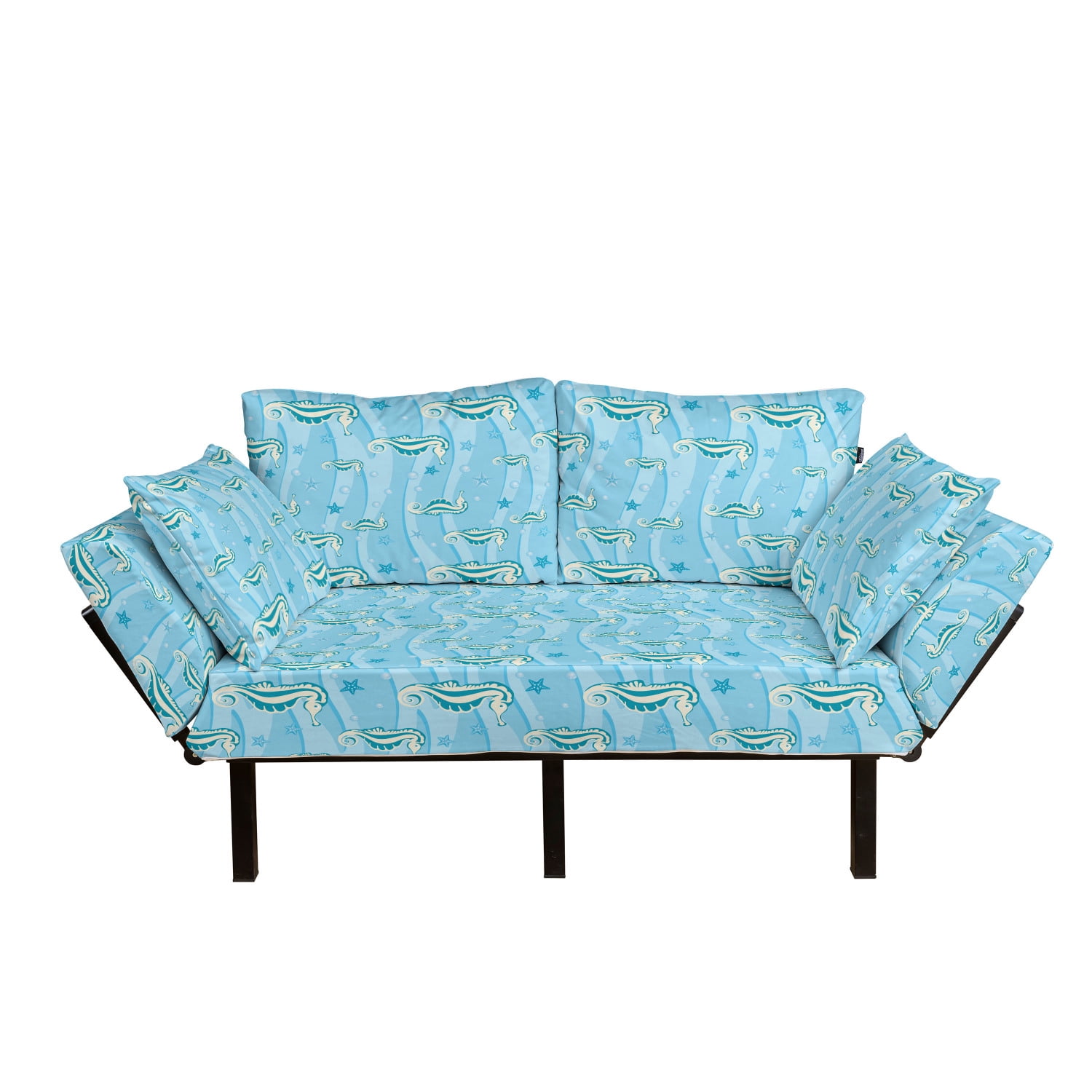 Aqua Futon Couch, Cartoon Style Abstract Waves Underwater Life Theme ...